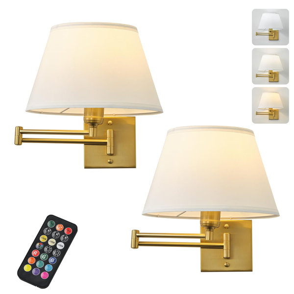 Everly Quinn Battery Operated Wall Sconces Set of 2, Swing Arm Wall Lamp with Remote Control ...